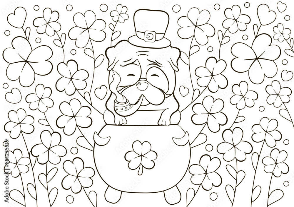 Cute coloring page for St Patrick's Day with pug character in lucky hat ...