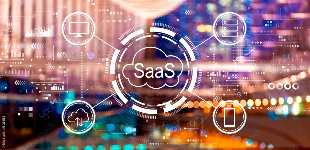 Poster SaaS - software as a service concept with big city lights at ...