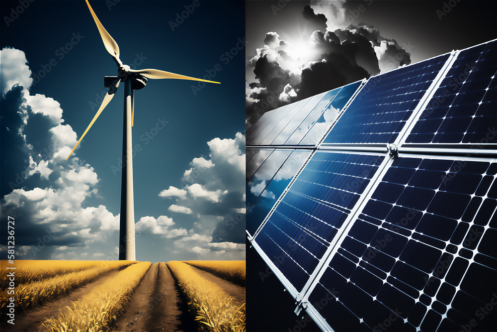 ภาพประกอบสต็อก Solar panels and wind turbines.Clean energy from renewable sources. Windmills and ...