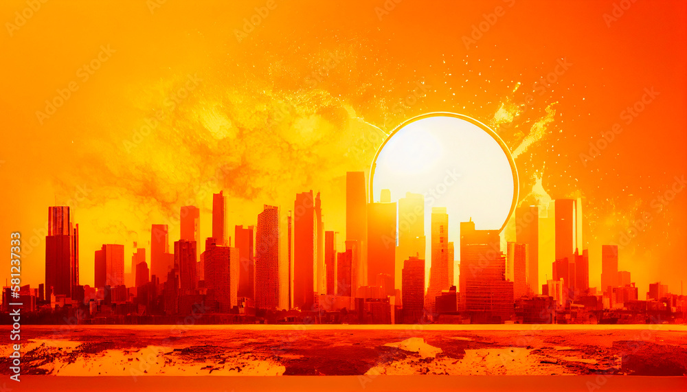 Heatwave over a city, bright sun, global warming, urban heat island ...