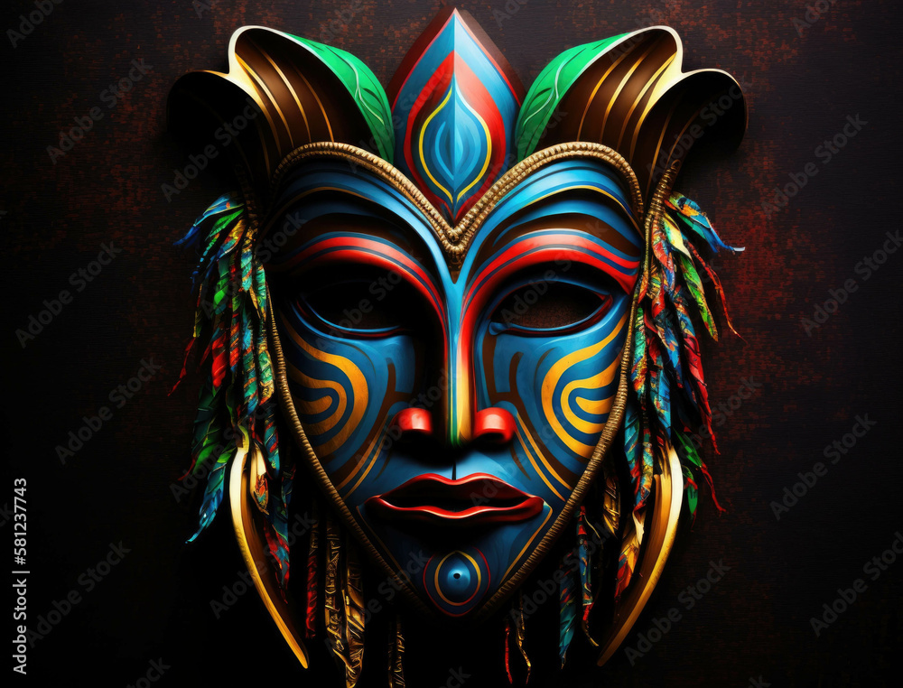A portrait of a traditional African mask painted with vibrant colors ...