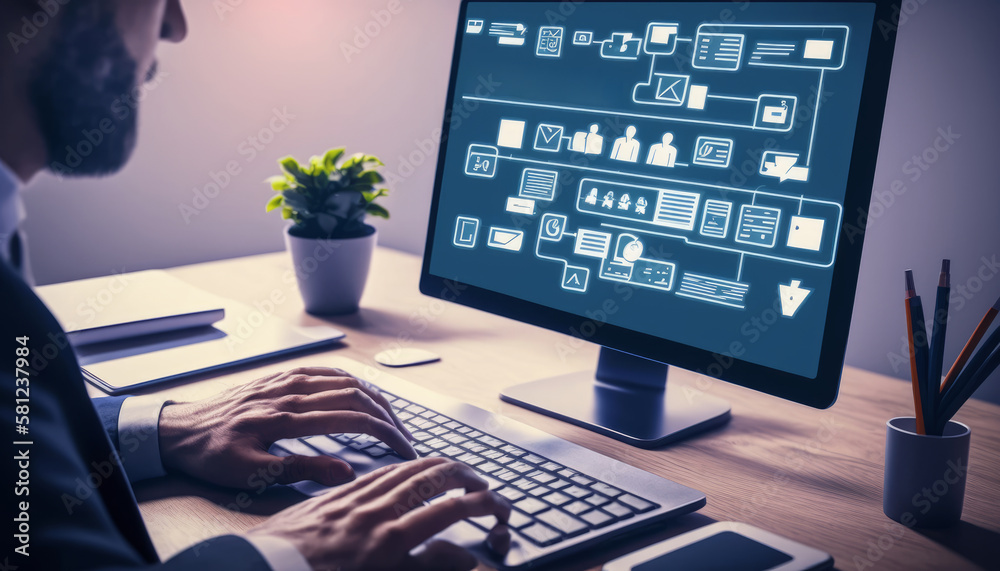 Project manager working on computer at the office. Concept with icons ...