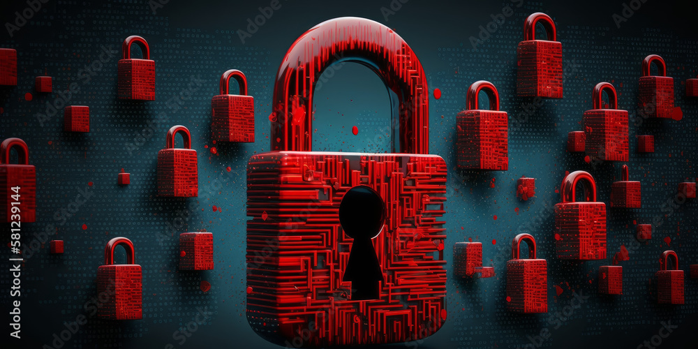 system hack alert, red broken padlock icon, security breach indicating ...