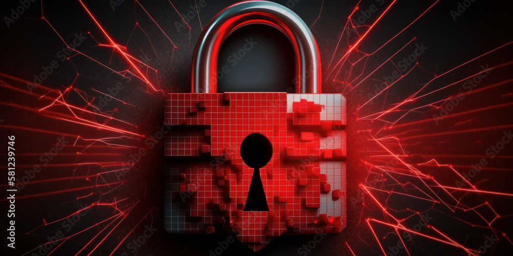 system hack alert, red broken padlock icon, security breach indicating insecure data under ...