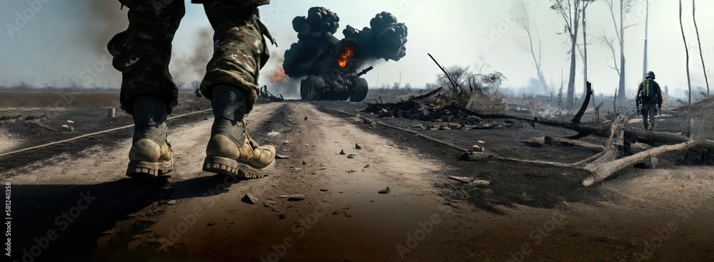 Special Forces Military soldier walking through destruction and ...