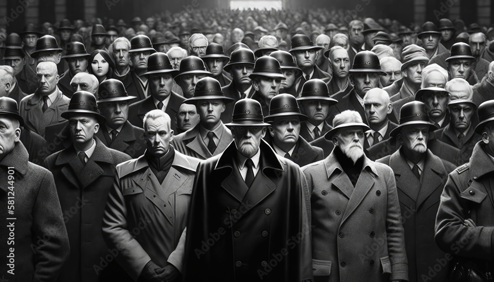 A group of people in an authoritarian rule of totalitarianism ...
