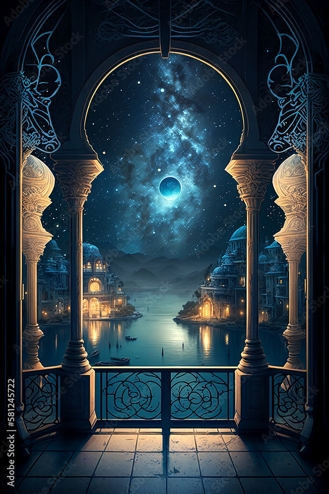 fantasy, magical world, starry sky, balcony, castle, lake view, river ...