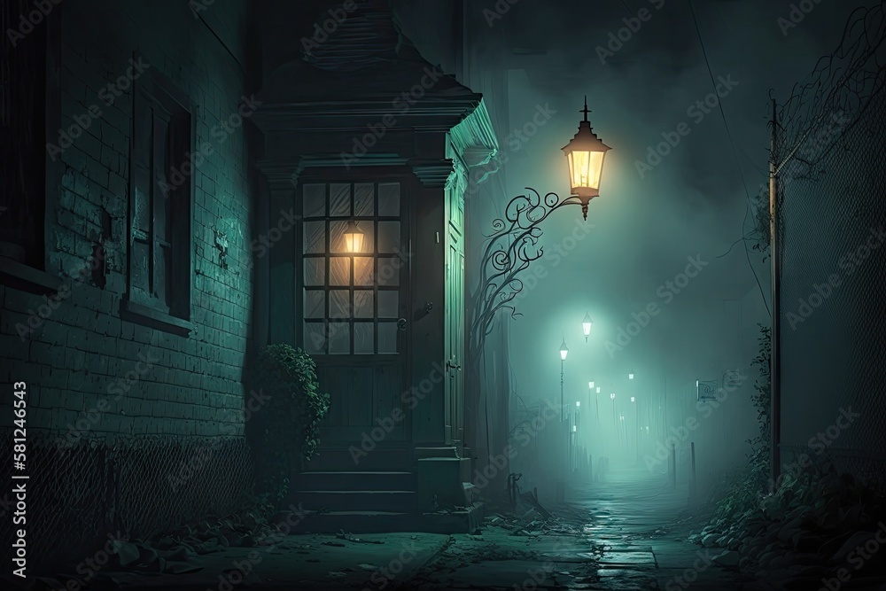 dark scary alley in horror house with fog and glowing pump, created ...