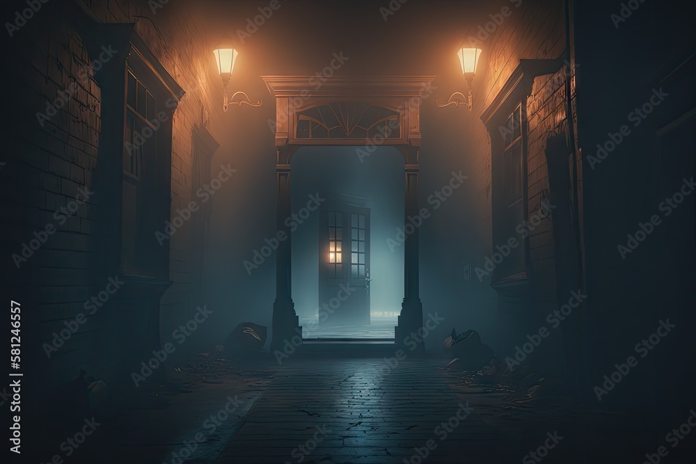 dark scary alley in horror house with fog and glowing pump, created ...
