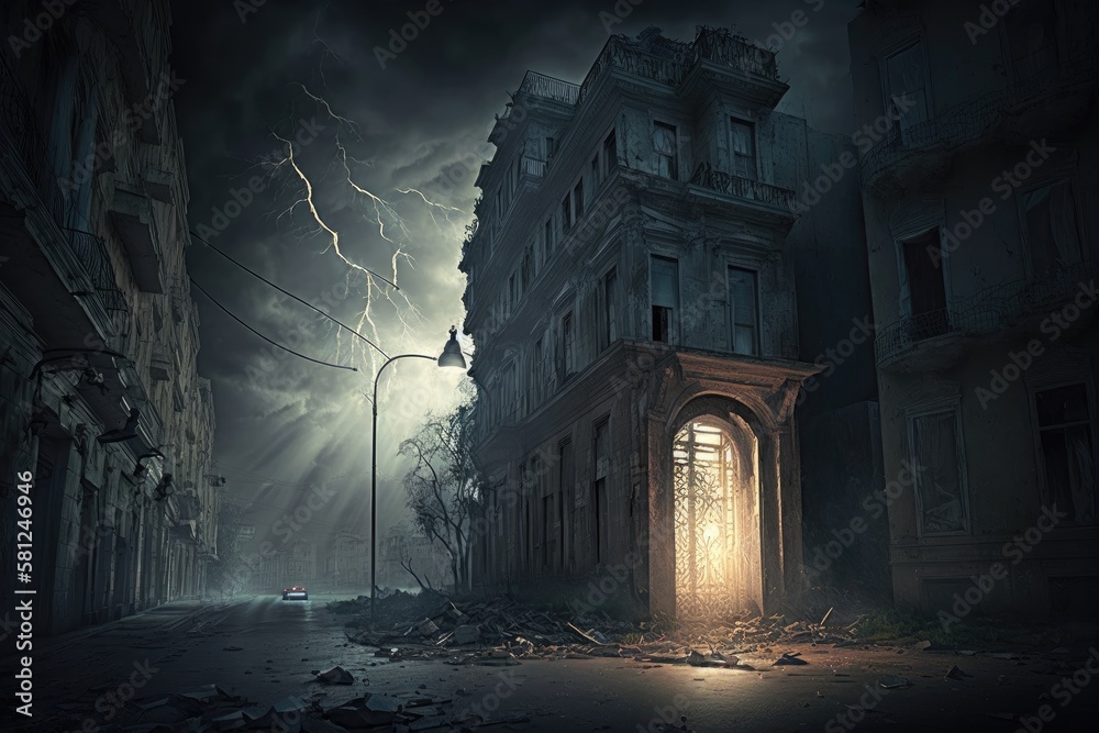 terror and horror in deserted frightening city street with horror house ...