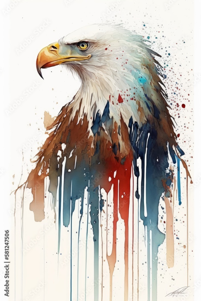 Digital illustration of a watercolor bald eagle, with paint drips and ...