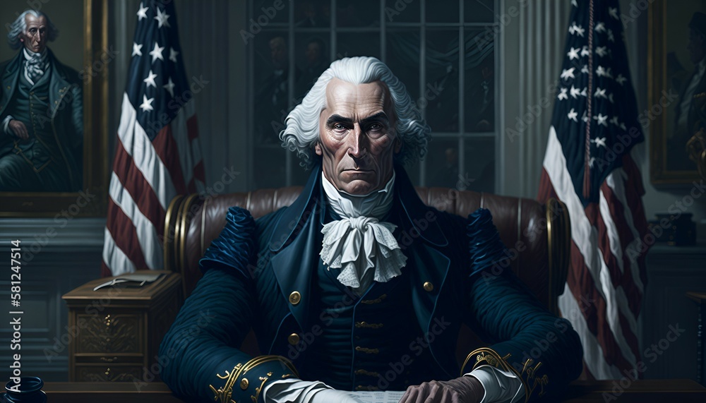 Realistic painting of George Washington with a serious and dramatic ...