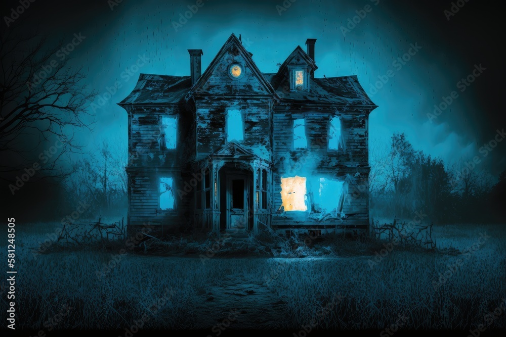 mysterious creepy horror house glowing with blue lights in windows ...