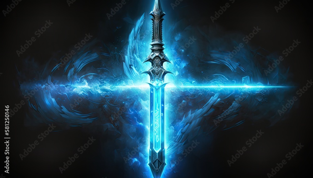 A glowing blue energy sword with a serrated edge on a black background ...