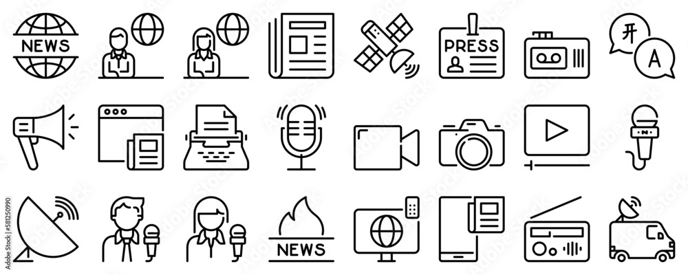 Line icons about journalism on transparent background with editable ...