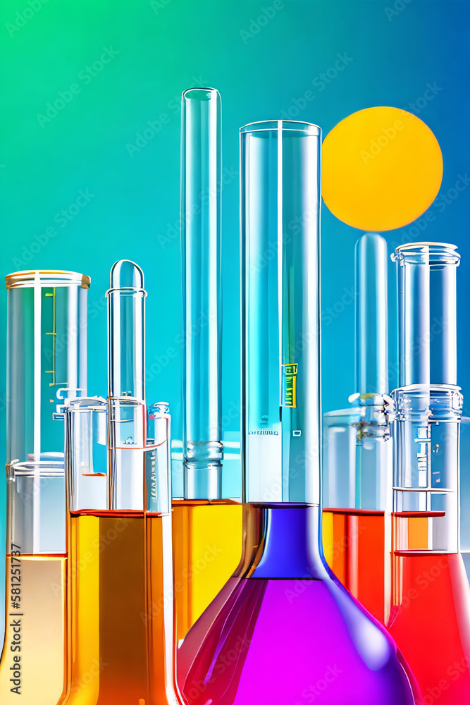 Multi-colored liquids in scientific tubes in a laboratory. Science ...
