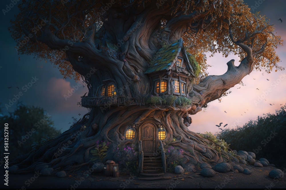 Tree house in fantasy world, Generative AI Stock Illustration | Adobe Stock