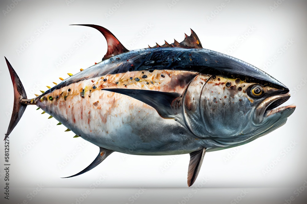 huge tuna with red spots on dark brown skin isolated on white ...