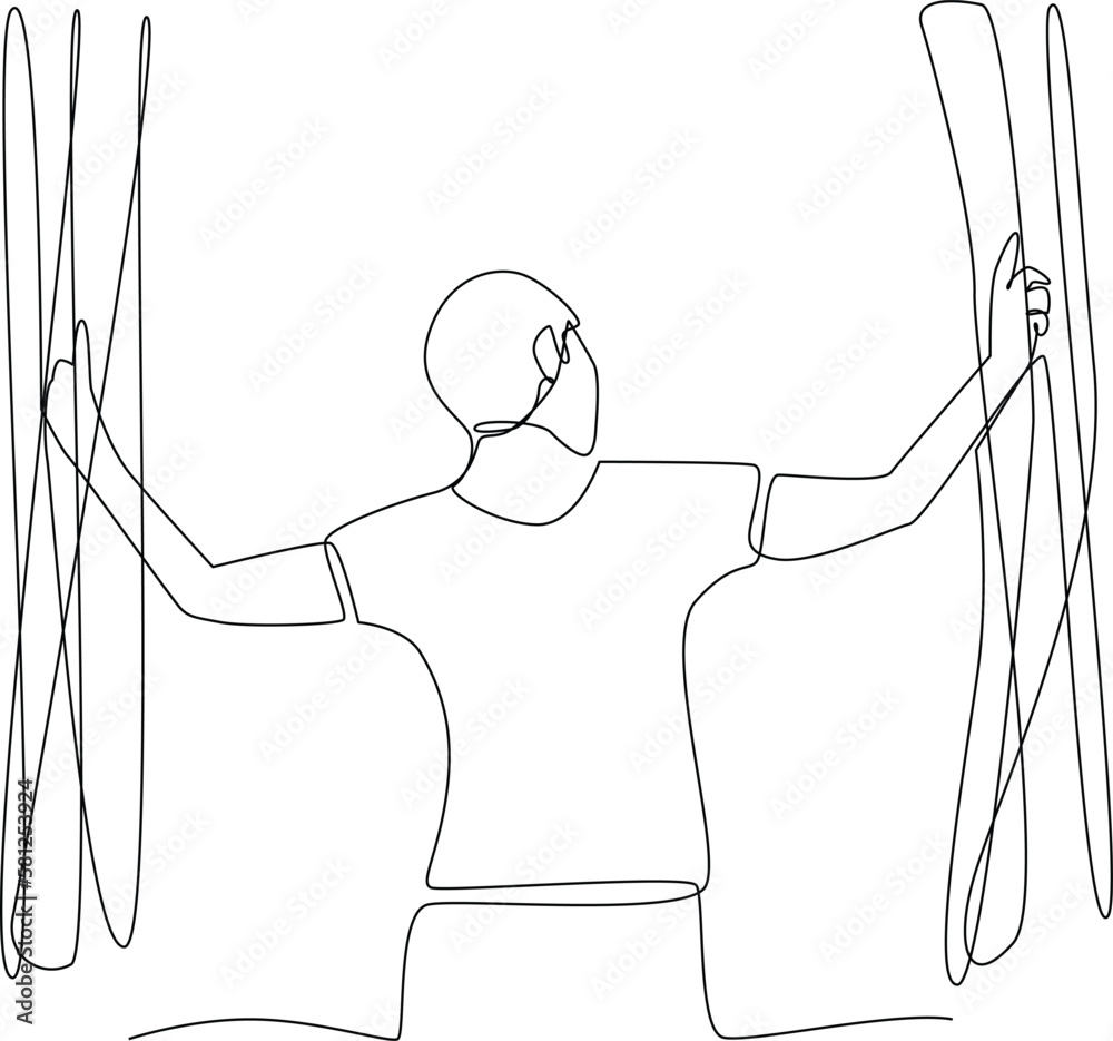 Continuous one line drawing happy man open the window in morning ...