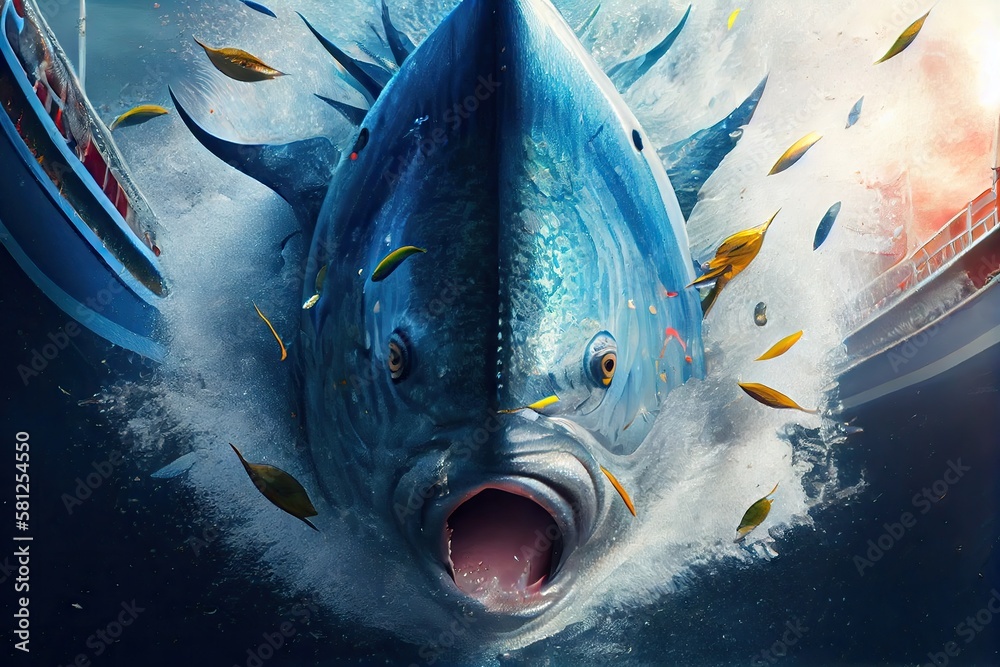 huge tuna fish falling on deck of ship among sea life, created with ...