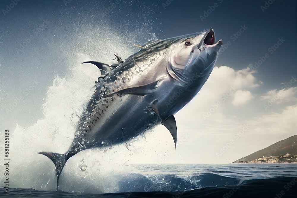 huge tuna jumps out of water and flies high in air, created with ...