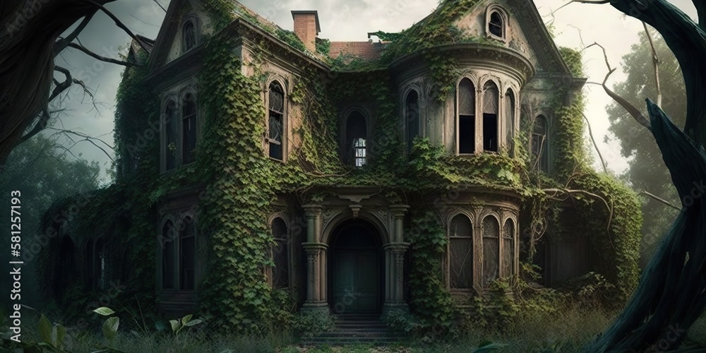 decrepit mansion with broken windows and overgrown vines creeping up walls, concept of Abandoned ...