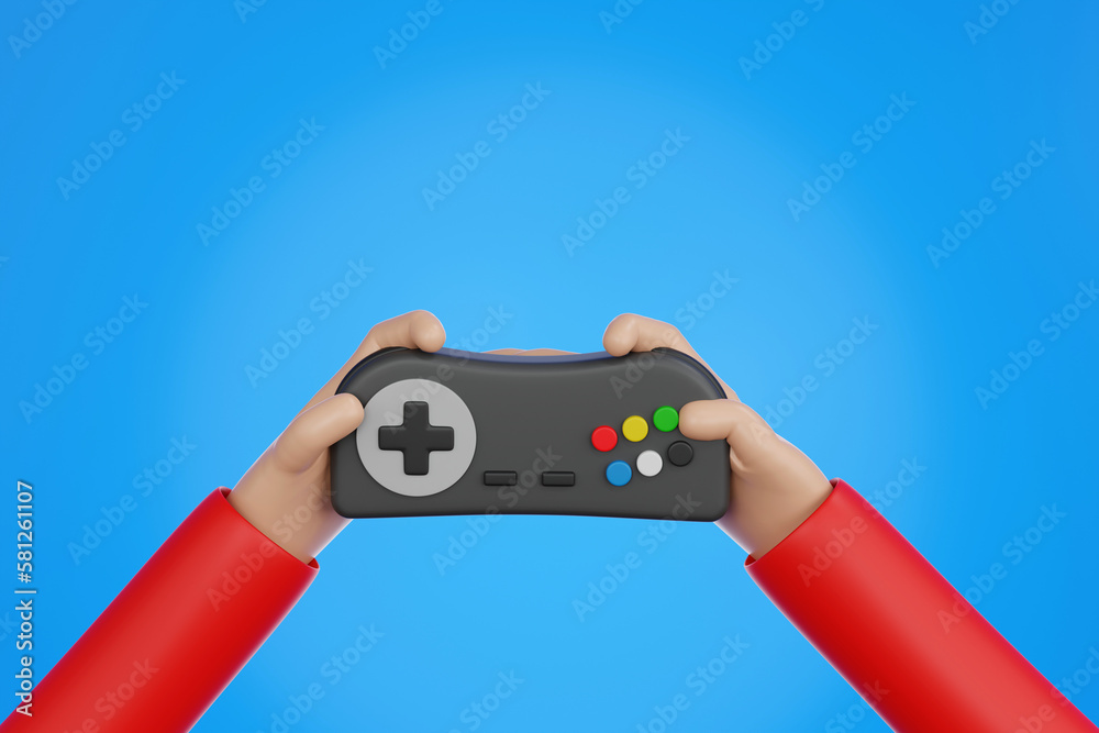 Hand holding wired retro game controller for gamer ready to play, 3D ...