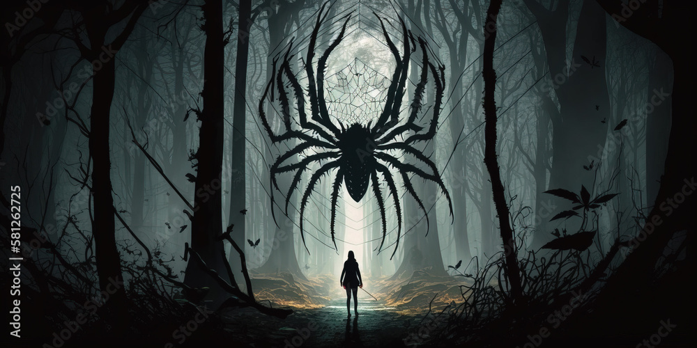 Dark forest, giant spider web and spider lurking, surreal and terrifying style. Generative AI ...