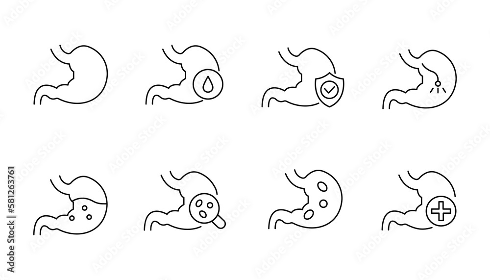 stomach care icons set Concept Illustrations, Stomach check line icon ...