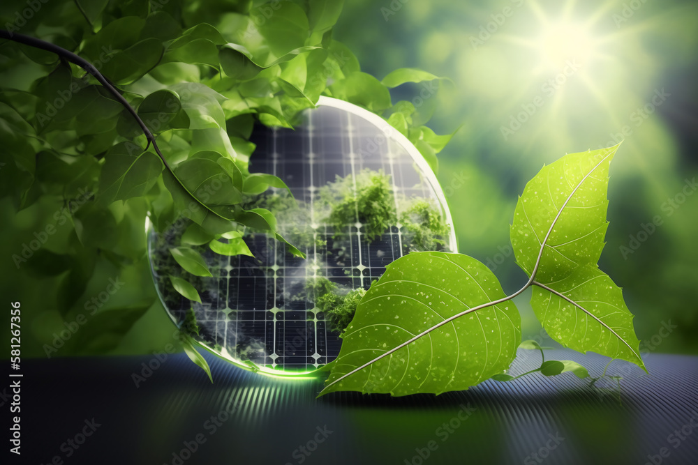 saving green planet concept with fresh green leaves and solar energy ...