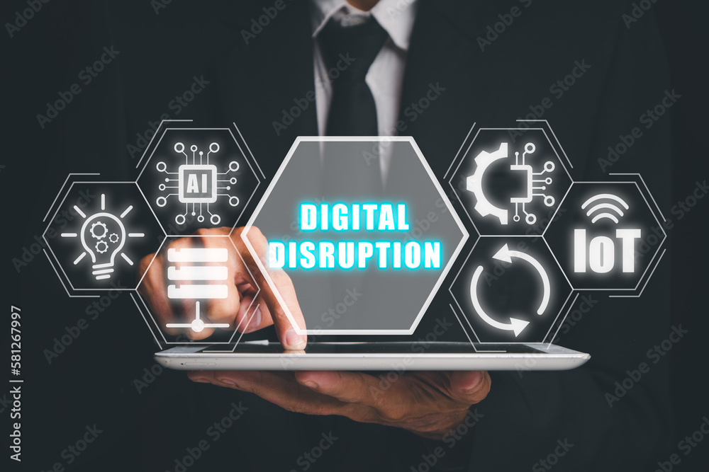 Digital Disruption concept, Business hand using tablet with Digital ...