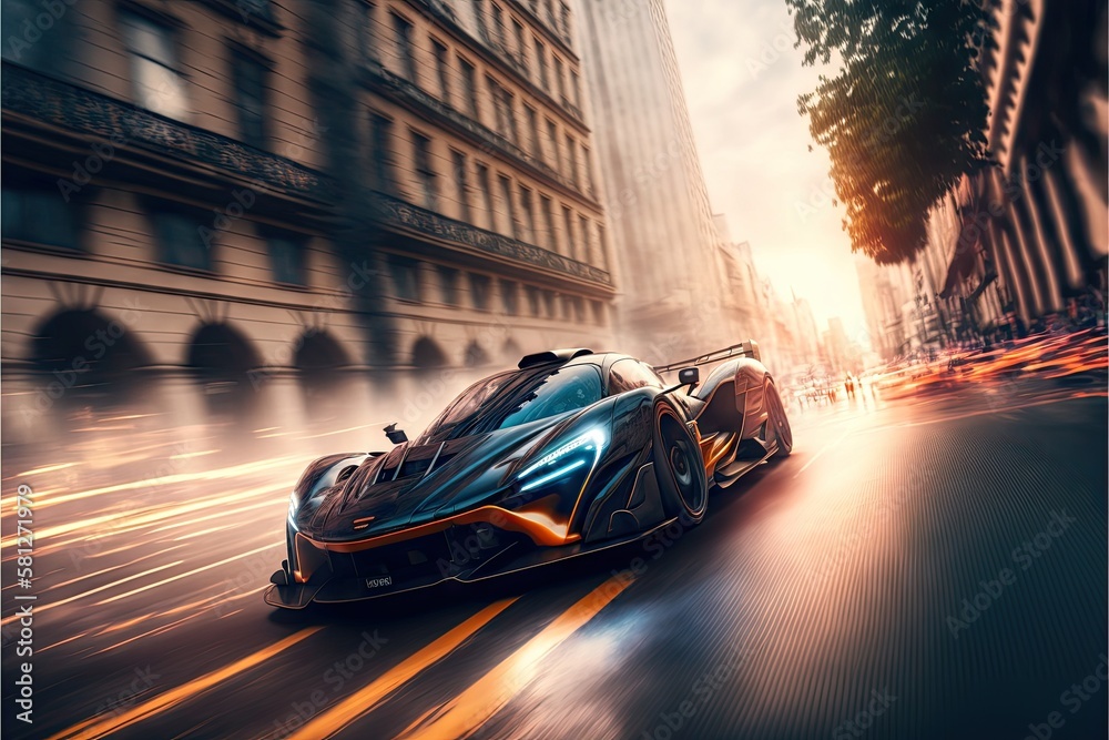 racing car accelerating on track of hypercar rushes through the city ...