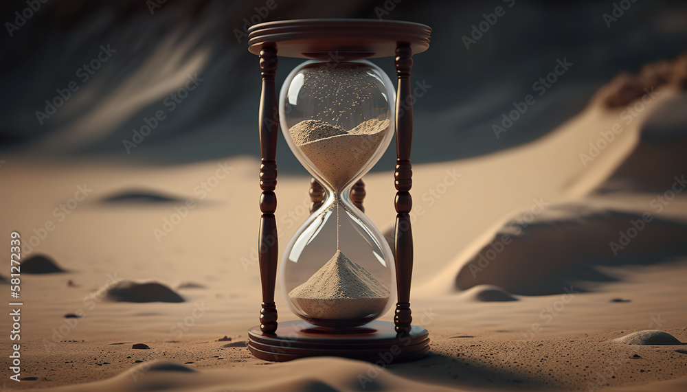 Sandglass on the beach marking time. Hourglass show time is flowing on ...
