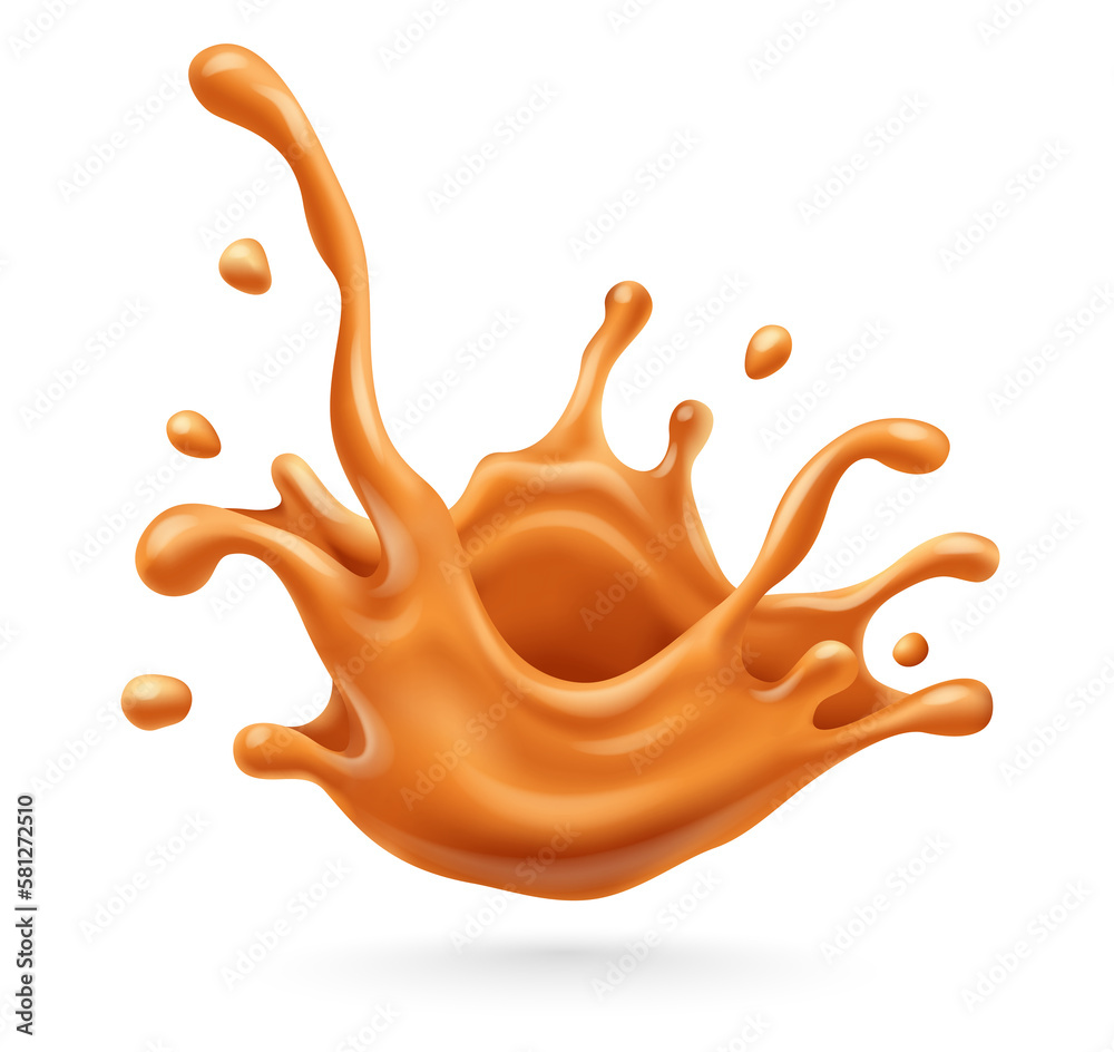 Splash of sweet caramel liquid with flying drops. Isolated illustration ...