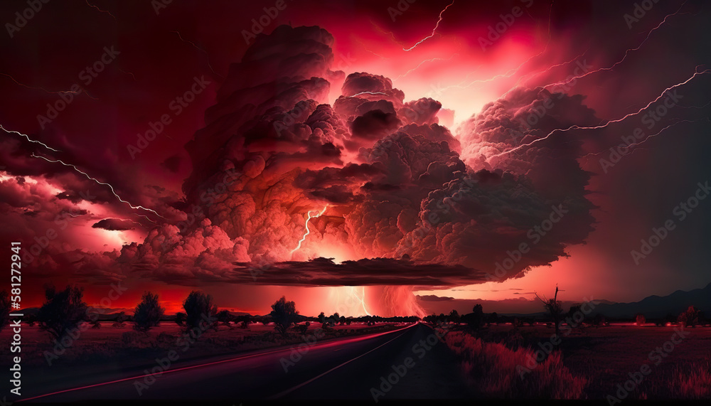 Totally red sky with lots of clouds, and some plasma lightning ...