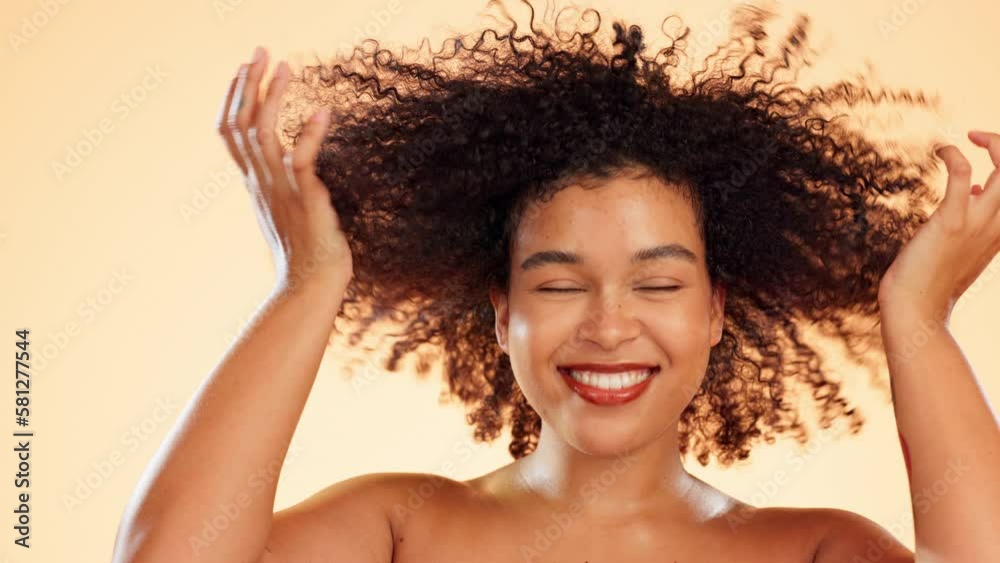 Afro shake, hair care and beauty of woman face in studio isolated on a ...