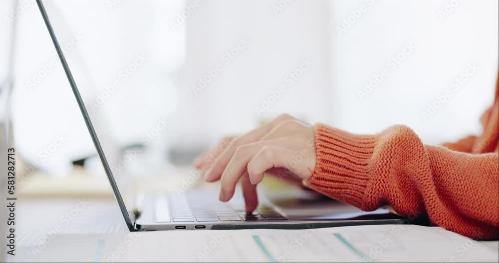 Closeup, hands and woman with laptop, typing and planning for new ...