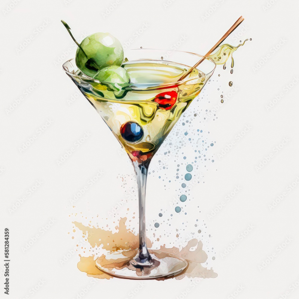 Watercolor illustration of a martini cocktail isolated on white ...