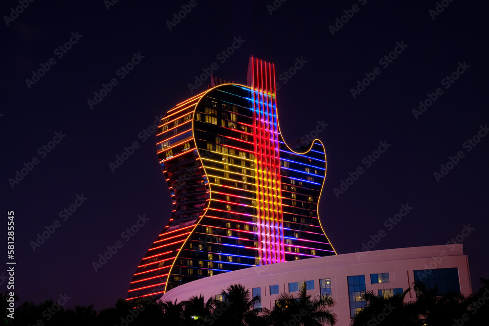 Guitar shaped architecture of the Hard Rock Hotel Building (Oasis Tower ...