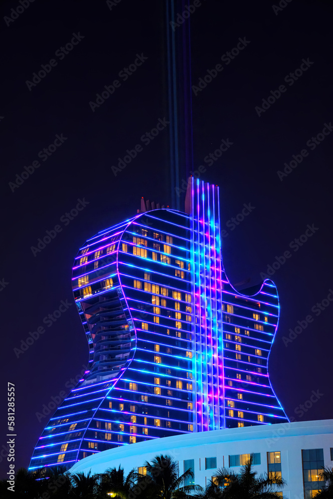 Guitar shaped architecture of the Hard Rock Hotel Building (Oasis Tower ...