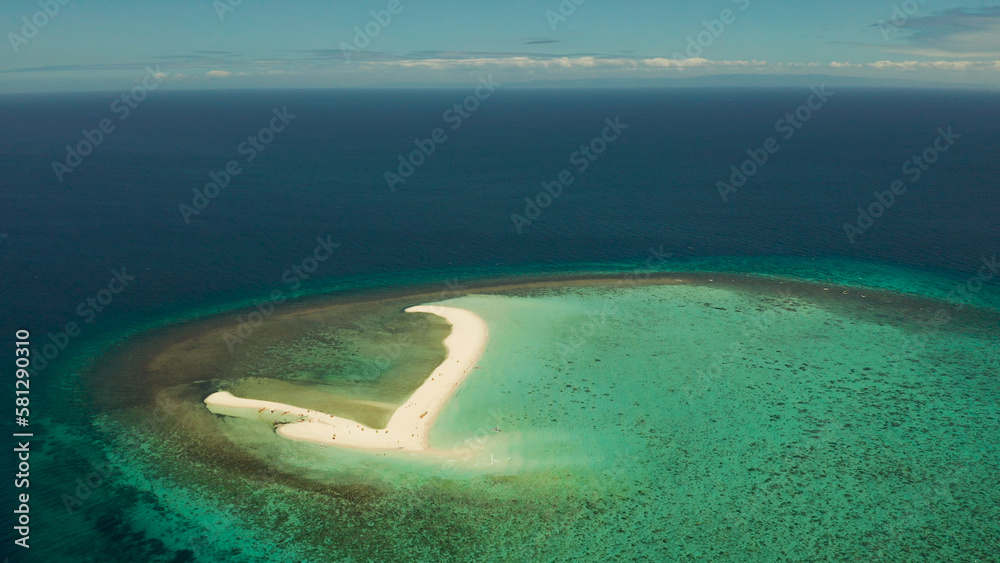 Beautiful beach on tropical island surrounded by coral reef, sandy bar ...
