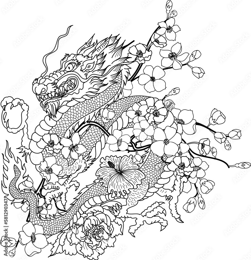 Fototapeta Wilki Traditional Japanese dragon with cherry blossom and ...