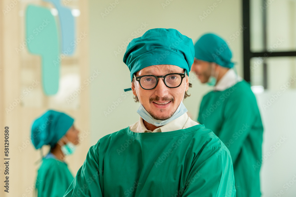 Multidisciplinary teamwork Three doctor portrait in green coat surgical ...