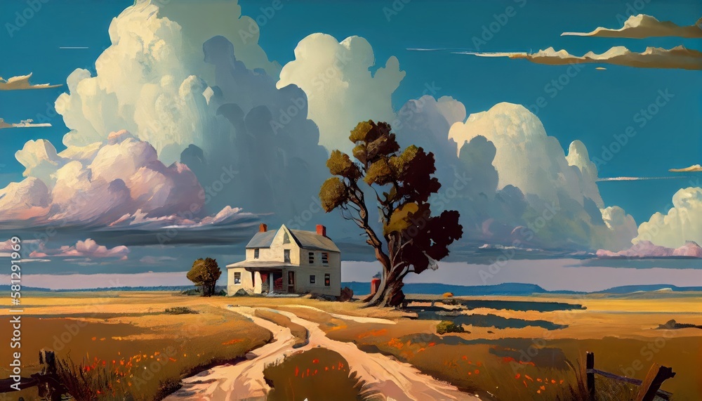 painting country road leading house atomic age matte drawing ...