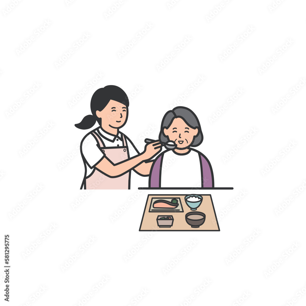 高齢女性の食事を介助する女性介護士のイラスト Stock Vector Adobe Stock