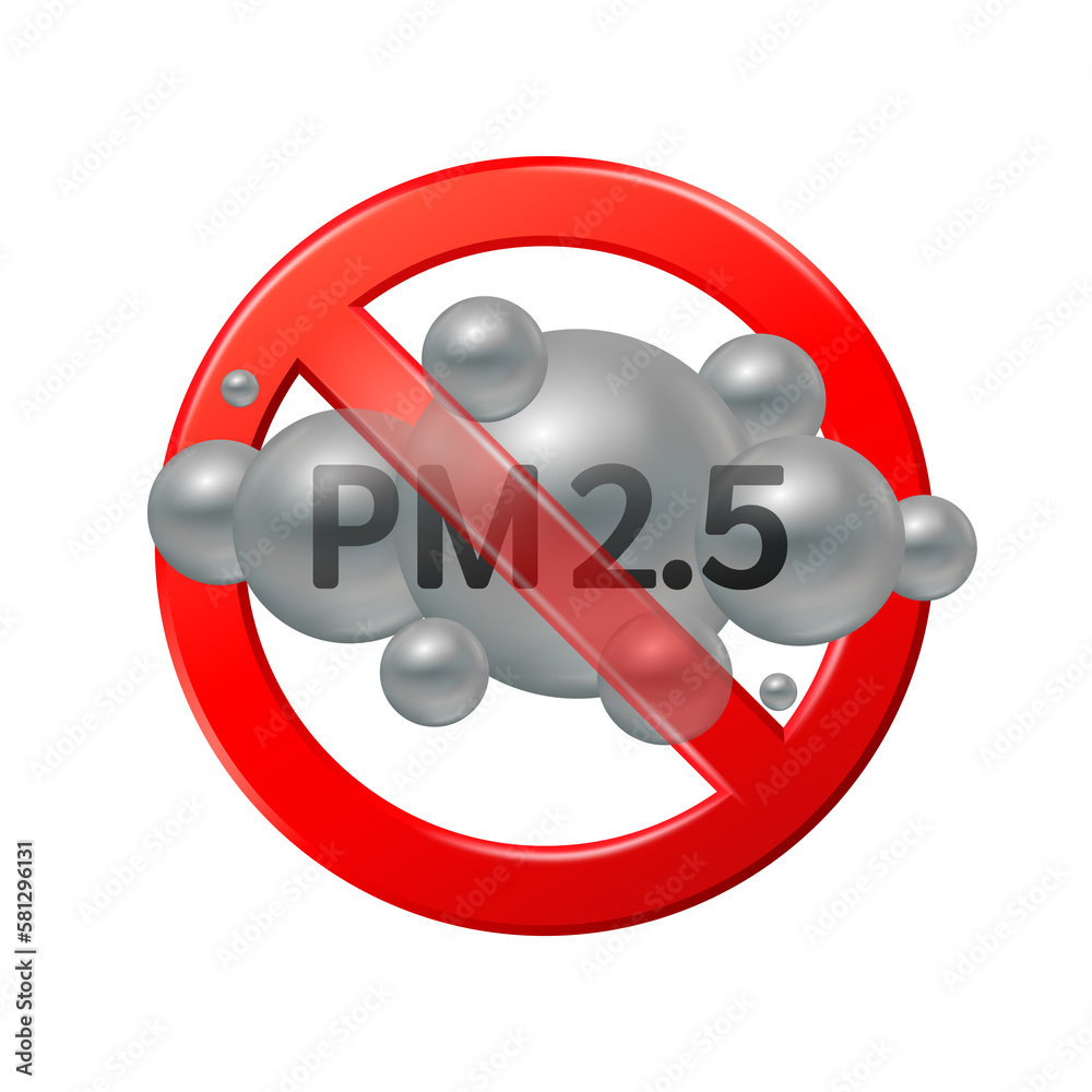Warning sign red PM2.5 dust. Industrial outdoor fog town pollution or city dust danger. Air ...