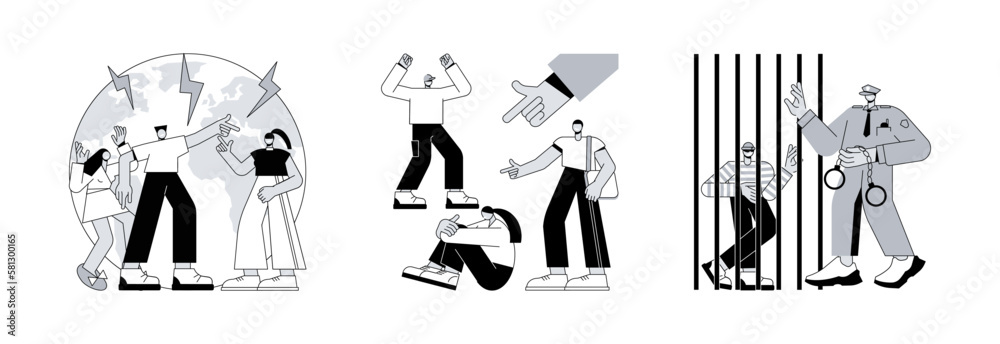 Unlawful behavior abstract concept vector illustration set. Social ...