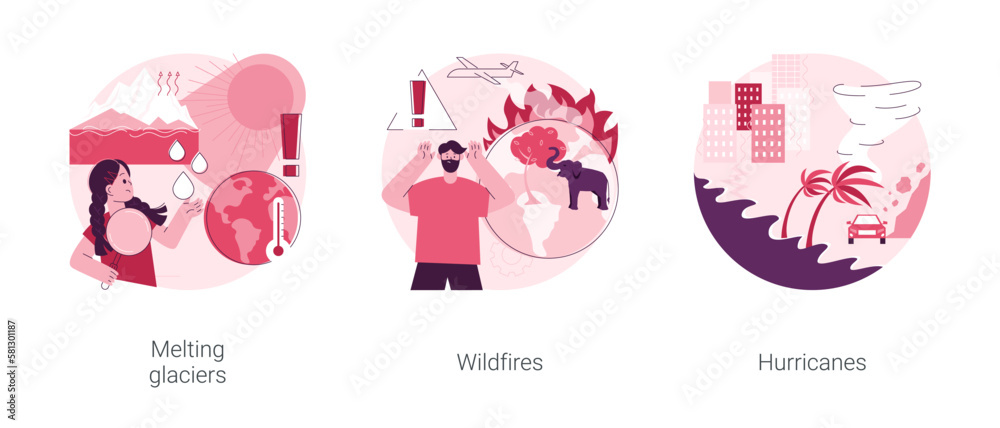 Natural disaster abstract concept vector illustration set. Melting ...