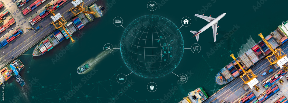 Aerial view and top view cargo plane flying above ship port coverage ...