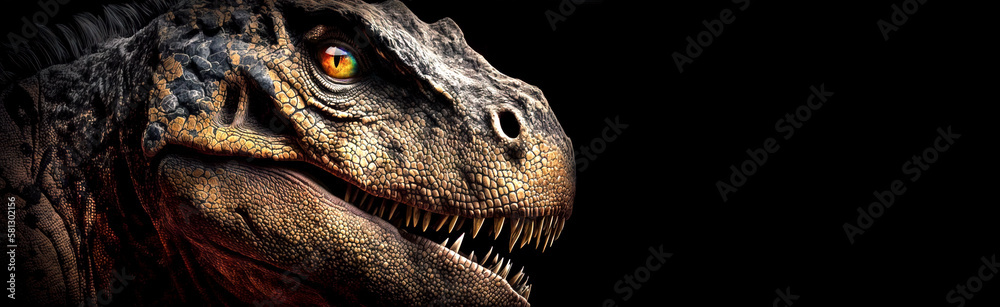 Tyrannosaurus rex close up head image with a multicolored rainbow eye ...